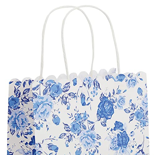 Sparkle and Bash 24 Pack Floral Gift Bags with Handles, Medium Size, All Occasion Blue Rose Flowers (10 x 8 x 4 In)