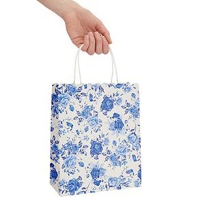 Sparkle and Bash 24 Pack Floral Gift Bags with Handles, Medium Size, All Occasion Blue Rose Flowers (10 x 8 x 4 In)