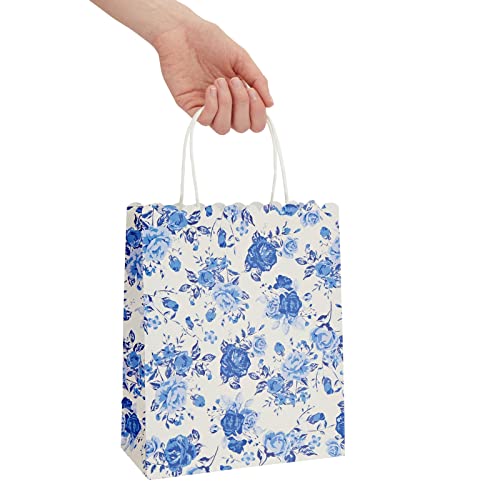 Sparkle and Bash 24 Pack Floral Gift Bags with Handles, Medium Size, All Occasion Blue Rose Flowers (10 x 8 x 4 In)