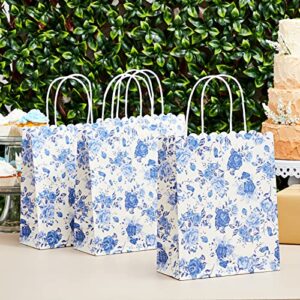 Sparkle and Bash 24 Pack Floral Gift Bags with Handles, Medium Size, All Occasion Blue Rose Flowers (10 x 8 x 4 In)