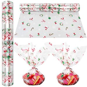 anapoliz christmas cellophane wrap roll | 100’ ft. long x 16” in. wide | 2.3 mil thick, crystal clear with christmas designs| gifts, baskets, treats, cello wrapping paper | santa, snowman cello roll