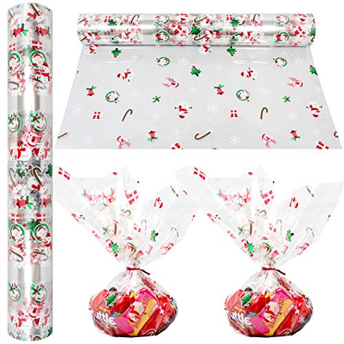 AnapoliZ Christmas Cellophane Wrap Roll | 100’ Ft. Long X 16” in. Wide | 2.3 Mil Thick, Crystal Clear with Christmas Designs| Gifts, Baskets, Treats, Cello Wrapping Paper | Santa, Snowman Cello Roll