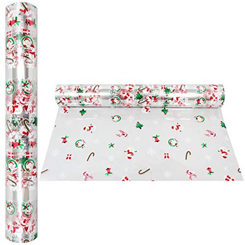 AnapoliZ Christmas Cellophane Wrap Roll | 100’ Ft. Long X 16” in. Wide | 2.3 Mil Thick, Crystal Clear with Christmas Designs| Gifts, Baskets, Treats, Cello Wrapping Paper | Santa, Snowman Cello Roll