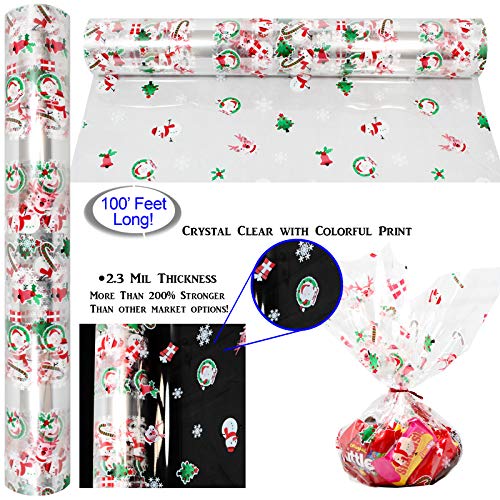 AnapoliZ Christmas Cellophane Wrap Roll | 100’ Ft. Long X 16” in. Wide | 2.3 Mil Thick, Crystal Clear with Christmas Designs| Gifts, Baskets, Treats, Cello Wrapping Paper | Santa, Snowman Cello Roll