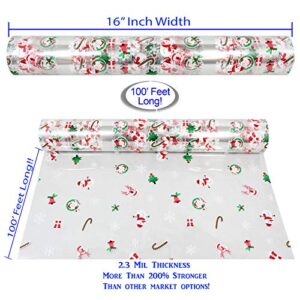 AnapoliZ Christmas Cellophane Wrap Roll | 100’ Ft. Long X 16” in. Wide | 2.3 Mil Thick, Crystal Clear with Christmas Designs| Gifts, Baskets, Treats, Cello Wrapping Paper | Santa, Snowman Cello Roll