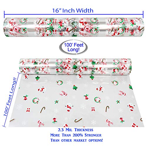 AnapoliZ Christmas Cellophane Wrap Roll | 100’ Ft. Long X 16” in. Wide | 2.3 Mil Thick, Crystal Clear with Christmas Designs| Gifts, Baskets, Treats, Cello Wrapping Paper | Santa, Snowman Cello Roll