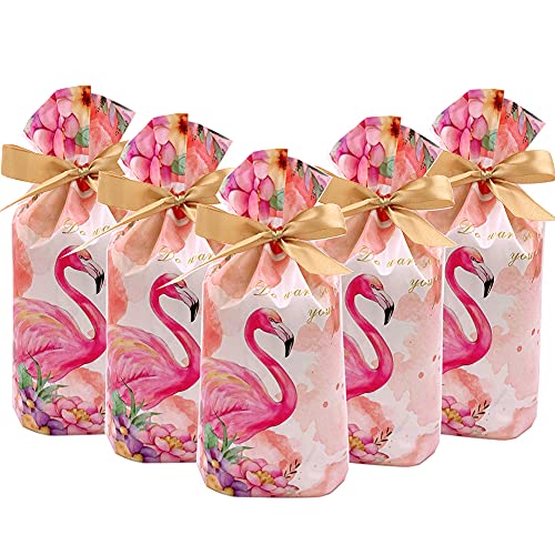 Elwish 24pcs Treat Bags Party Favor Bags Flamingos Bags Plastic Gift Bags Drawstring Bags Candy Goodies Bags Gift Wrapping Package for Birthday Party Wedding Baby Shower Bridal Shower