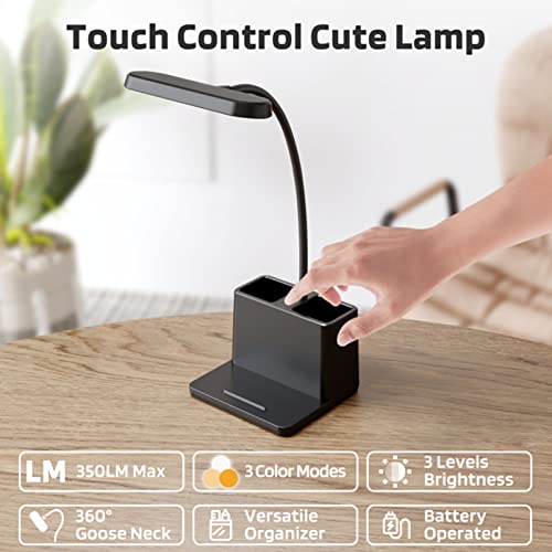 Battery Operated Desk Lamp, Small Desk Light for Home Office, Dunkok Rechargeable Desktop Lamp, LED Portable Lamp with Adjustable Gooseneck, Black Study Reading Lamp for Kids, Charger Adapter Included