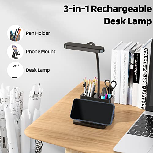 Battery Operated Desk Lamp, Small Desk Light for Home Office, Dunkok Rechargeable Desktop Lamp, LED Portable Lamp with Adjustable Gooseneck, Black Study Reading Lamp for Kids, Charger Adapter Included