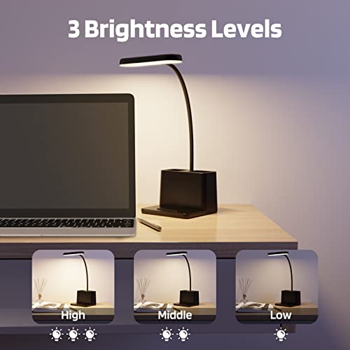 Battery Operated Desk Lamp, Small Desk Light for Home Office, Dunkok Rechargeable Desktop Lamp, LED Portable Lamp with Adjustable Gooseneck, Black Study Reading Lamp for Kids, Charger Adapter Included