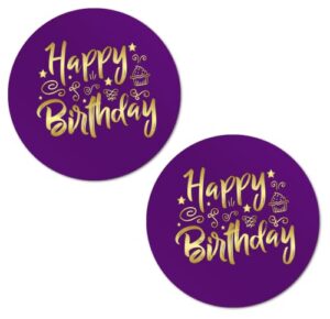 40 happy birthday stickers, 2 inch big round glossy labels, great for birthday party, gift box, gift bag, party favors décor, tags, games and supplies. made in usa. purple