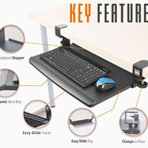 Stand Steady Clamp On Keyboard Tray | Keyboard Shelf - Small Size - Easy Install - No Need to Drill into Desk! Retractable to Slide Under Desktop | Great for Home or Office!