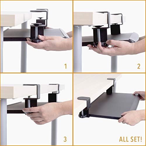 Stand Steady Clamp On Keyboard Tray | Keyboard Shelf - Small Size - Easy Install - No Need to Drill into Desk! Retractable to Slide Under Desktop | Great for Home or Office!