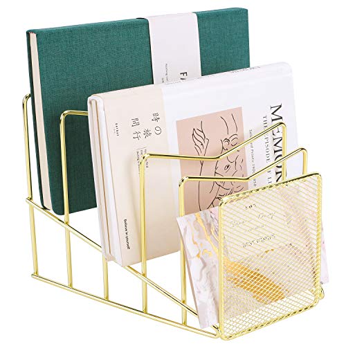 Z PLINRISE Incline File Sorter, Wire Magazine Holder Rack for Mails, Folders and Books, Desk Paper Storage Organizer for Home and Office, 5 Sections, Gold