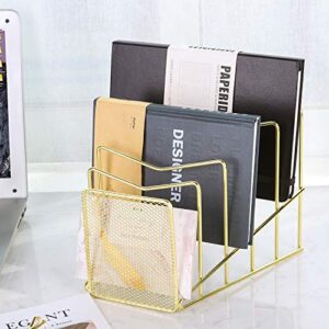 Z PLINRISE Incline File Sorter, Wire Magazine Holder Rack for Mails, Folders and Books, Desk Paper Storage Organizer for Home and Office, 5 Sections, Gold