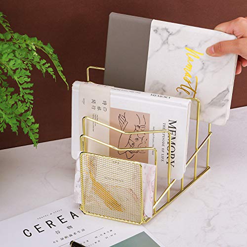 Z PLINRISE Incline File Sorter, Wire Magazine Holder Rack for Mails, Folders and Books, Desk Paper Storage Organizer for Home and Office, 5 Sections, Gold