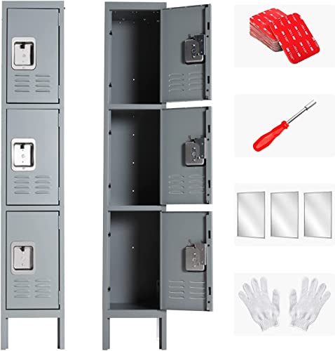 INTERGREAT Metal Locker for School Office Gym Metal Storage Locker Cabinet for Employees Students Steel Locker Triple Tier with 3 Door Grey