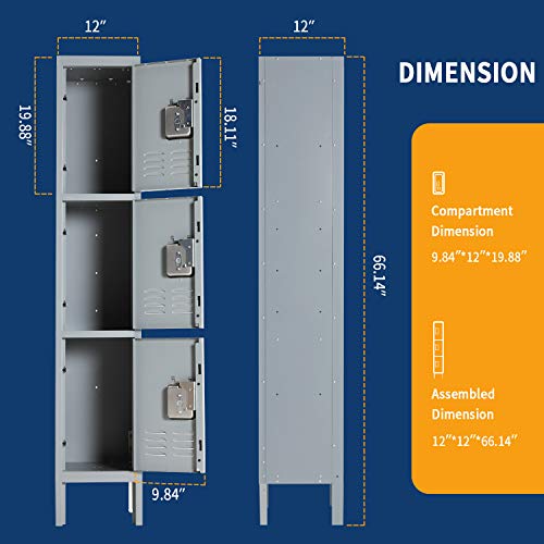 INTERGREAT Metal Locker for School Office Gym Metal Storage Locker Cabinet for Employees Students Steel Locker Triple Tier with 3 Door Grey