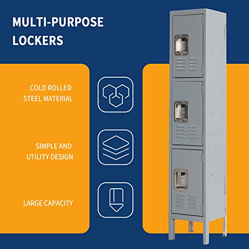 INTERGREAT Metal Locker for School Office Gym Metal Storage Locker Cabinet for Employees Students Steel Locker Triple Tier with 3 Door Grey