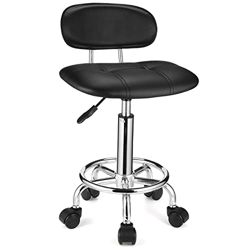 HMTOT Square Rolling Stools with Backrest Height Adjustable Swivel Stool with Wheels Black