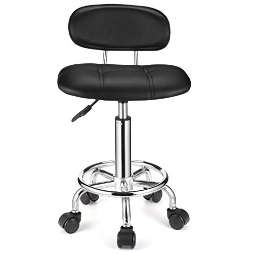 HMTOT Square Rolling Stools with Backrest Height Adjustable Swivel Stool with Wheels Black