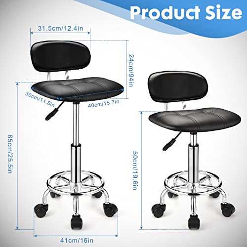 HMTOT Square Rolling Stools with Backrest Height Adjustable Swivel Stool with Wheels Black