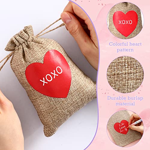 Crtiin 24 Pieces Valentine Heart Burlap Bags Valentine's Gift Bag Gift Candy Drawstring Bags Pouch Linen Gift Pockets for Valentines Party Favors Treat Goodie Bags (Letter Style)