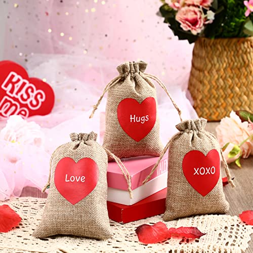 Crtiin 24 Pieces Valentine Heart Burlap Bags Valentine's Gift Bag Gift Candy Drawstring Bags Pouch Linen Gift Pockets for Valentines Party Favors Treat Goodie Bags (Letter Style)