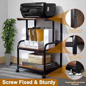 HAIRIESIS 3 Tier Printer Stand with Wheels Printer Desk, Multipurpose Office and Home Storage Rack, Removable and Fixed Printer Stand for Fax Machines, Scanners, Rolling Cart Stand Vintage Brown