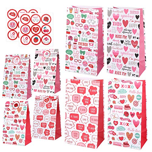 HOWAF Valentines Gift Bags Party Favors -12 PCS Valentine Paper Bags+18 PCS Valentine Stickers, 2 Patterns Valentine Treat Bags Valentine Goodies Bags for Wrapped Gifts Party Supplies Decoration