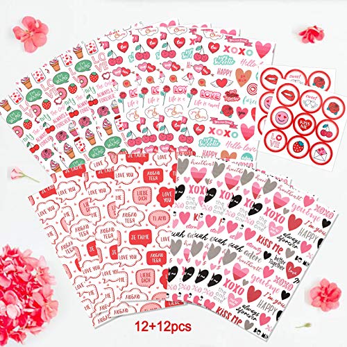 HOWAF Valentines Gift Bags Party Favors -12 PCS Valentine Paper Bags+18 PCS Valentine Stickers, 2 Patterns Valentine Treat Bags Valentine Goodies Bags for Wrapped Gifts Party Supplies Decoration