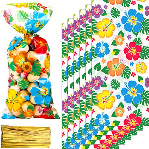 100 Hibiscus Cello Bag Tiki Party Supply Aloha Luau Party Decorations, Hibiscus Goody Bags Candy Cellophane Bag Treat Bags for Hawaii Party Summer Table Setting