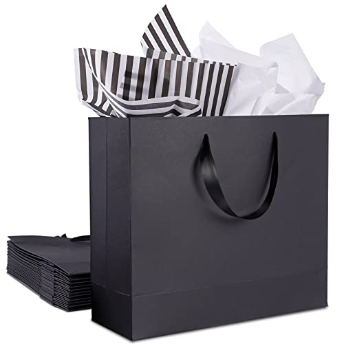 12 Pack Black Gift Bags with Ribbon Handles, Large Gift Bags with Tissue Paper, Black Kraft Paper Gift Bags for Shopping, Small Business, Bridal Party, Wedding, Christmas and Holiday (12.5” x4.5” x11”)