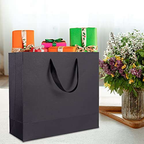 12 Pack Black Gift Bags with Ribbon Handles, Large Gift Bags with Tissue Paper, Black Kraft Paper Gift Bags for Shopping, Small Business, Bridal Party, Wedding, Christmas and Holiday (12.5” x4.5” x11”)