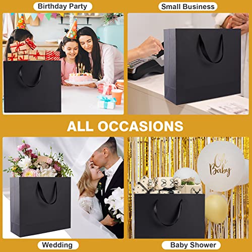 12 Pack Black Gift Bags with Ribbon Handles, Large Gift Bags with Tissue Paper, Black Kraft Paper Gift Bags for Shopping, Small Business, Bridal Party, Wedding, Christmas and Holiday (12.5” x4.5” x11”)