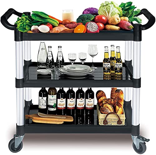 LKFDFIA Utility Carts with Wheels 3-Tier Rolling Cart 500lbs Capacity Plastic Food Cart Heavy Duty Service Cart with Lockable Wheels and Rubber Hammer for Kitchen/Office/Warehouse