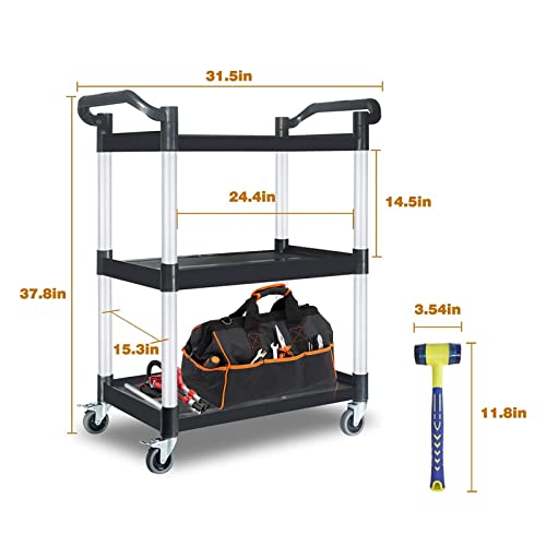 LKFDFIA Utility Carts with Wheels 3-Tier Rolling Cart 500lbs Capacity Plastic Food Cart Heavy Duty Service Cart with Lockable Wheels and Rubber Hammer for Kitchen/Office/Warehouse