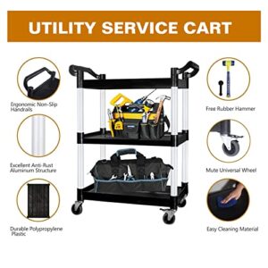 LKFDFIA Utility Carts with Wheels 3-Tier Rolling Cart 500lbs Capacity Plastic Food Cart Heavy Duty Service Cart with Lockable Wheels and Rubber Hammer for Kitchen/Office/Warehouse