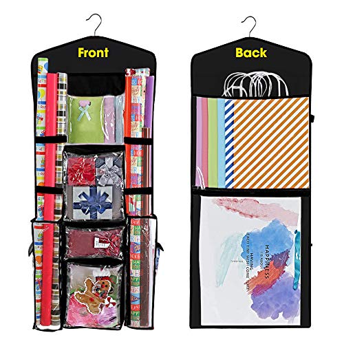 ProPik Hanging Double Sided Wrapping Paper Storage Organizer With Multiple Pockets Organize Your Gift Wrap, Gift Bags Bows Ribbons 40"X17" Fits 40 Inch Rolls Clear PVC Bag (Black)