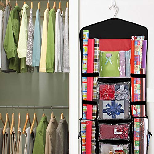 ProPik Hanging Double Sided Wrapping Paper Storage Organizer With Multiple Pockets Organize Your Gift Wrap, Gift Bags Bows Ribbons 40"X17" Fits 40 Inch Rolls Clear PVC Bag (Black)