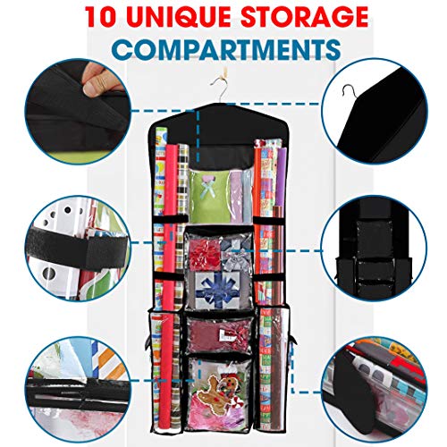 ProPik Hanging Double Sided Wrapping Paper Storage Organizer With Multiple Pockets Organize Your Gift Wrap, Gift Bags Bows Ribbons 40"X17" Fits 40 Inch Rolls Clear PVC Bag (Black)