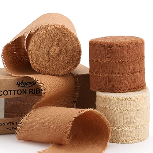 Keypan Brown Ribbon for Gift Wrapping, Handmade Fringe Ribbons for Crafts Bridal Bouquets Wedding Invitation Decorations Cotton 3 Rolls 1.6" x 5 Yards