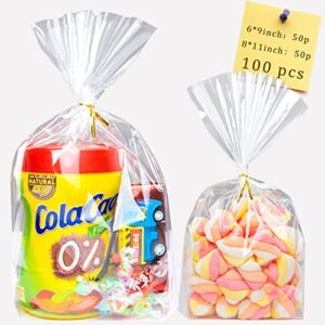 labeol flat bottom cellophane bags 100pcs treat bags with ties 8x11 6x9 cellophane gift bags clear goodie bags for packaging favor cookie candy gift wrapping easter