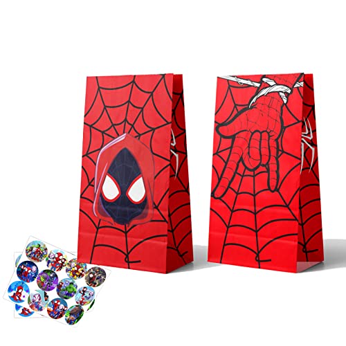 24 Pcs Theme Party Bags with 24 Pcs Hero Stickers,Birthday Treat Gift Bags,Paper Favor Bags for Birthday Supplies Decorations