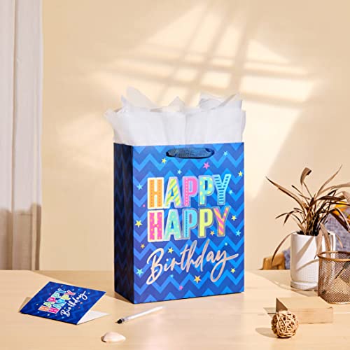 SUNCOLOR 13" Large Happy Birthday Gift Bag with Card and Tissue Paper (Blue Happy Happy Birthday)