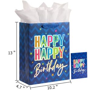 SUNCOLOR 13" Large Happy Birthday Gift Bag with Card and Tissue Paper (Blue Happy Happy Birthday)