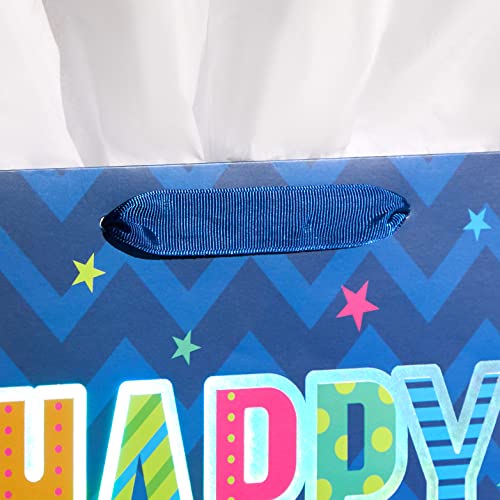 SUNCOLOR 13" Large Happy Birthday Gift Bag with Card and Tissue Paper (Blue Happy Happy Birthday)