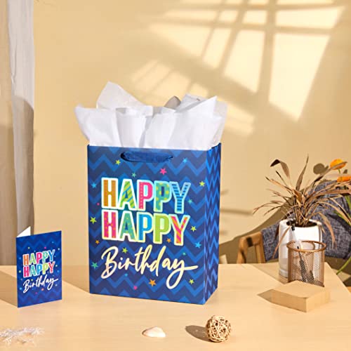 SUNCOLOR 13" Large Happy Birthday Gift Bag with Card and Tissue Paper (Blue Happy Happy Birthday)