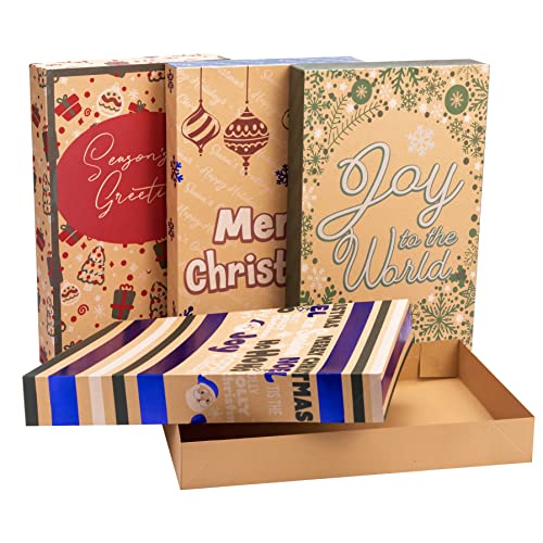 JOYIN 12 Pcs Christmas Aluminum Foil Kraft Paper Gift 3 sizes Boxes with Base, Xmas Shirt Wrap Box, Holiday Present Box for Birthday Party Favors Decorations Gift-Giving, 12 Design