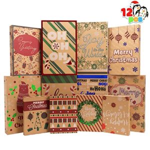 JOYIN 12 Pcs Christmas Aluminum Foil Kraft Paper Gift 3 sizes Boxes with Base, Xmas Shirt Wrap Box, Holiday Present Box for Birthday Party Favors Decorations Gift-Giving, 12 Design